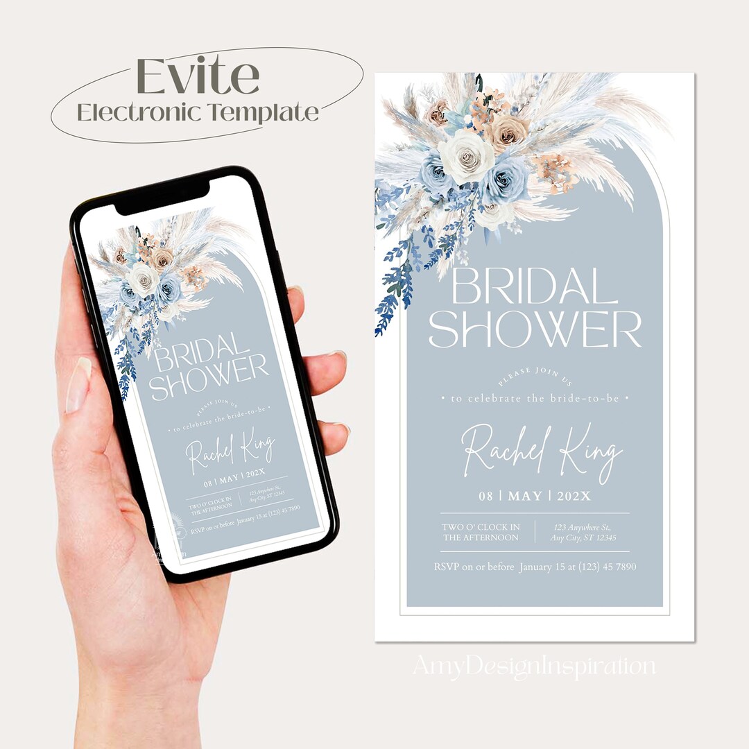 Blue Boho Bridal Shower Evite Template, Digital Bridal Shower ...