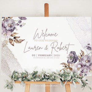 Purple Flowers Wedding Welcome Sign, Printable Violet Welcome Sign ...
