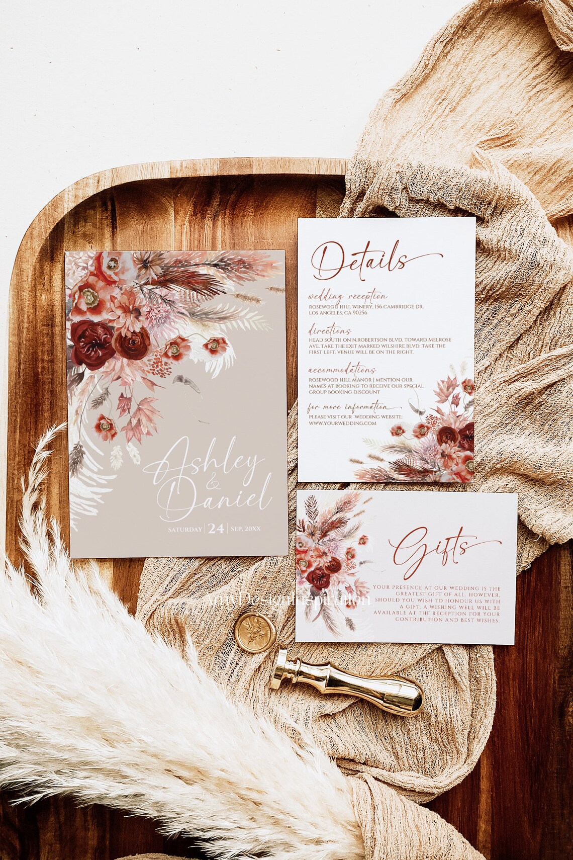 Boho Terracotta Wedding Invitation Template Burgundy Wedding - Etsy