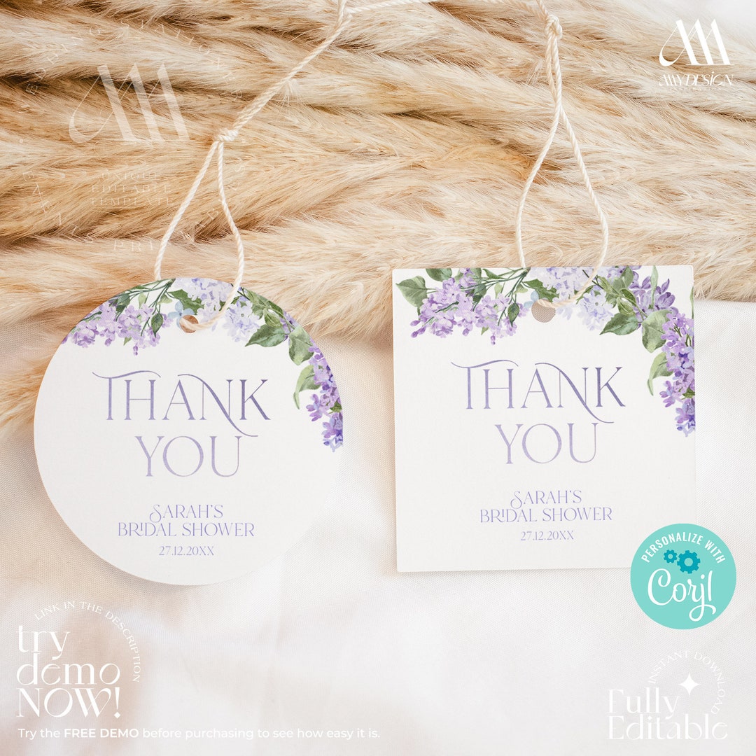 Lilac Floral Favor Tag Template, Purple Thank You Tags, Printable ...