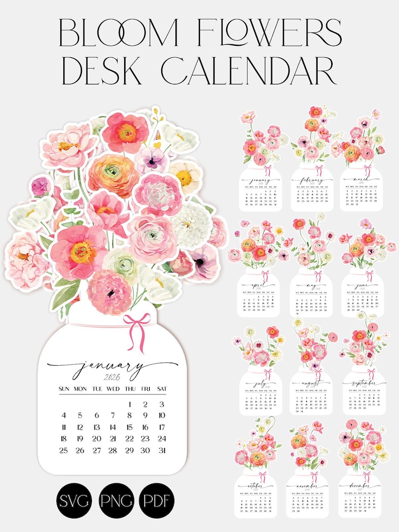 Bloom Flowers Pot 2026 Desk Calendar | Watercolor Printable Monthly ...