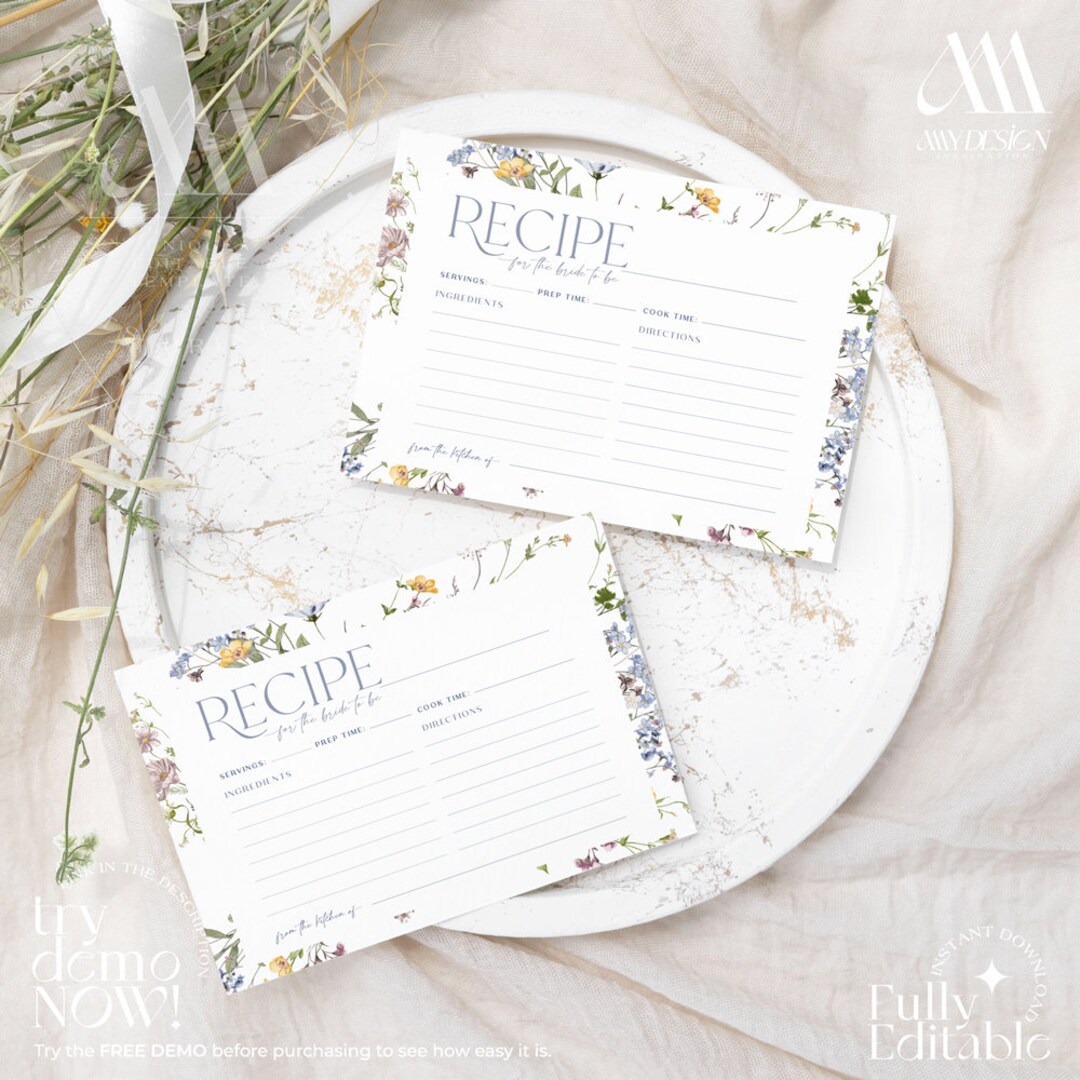Wildflower Bridal Shower Recipe Card Template, Wild Flower Recipe Cards ...