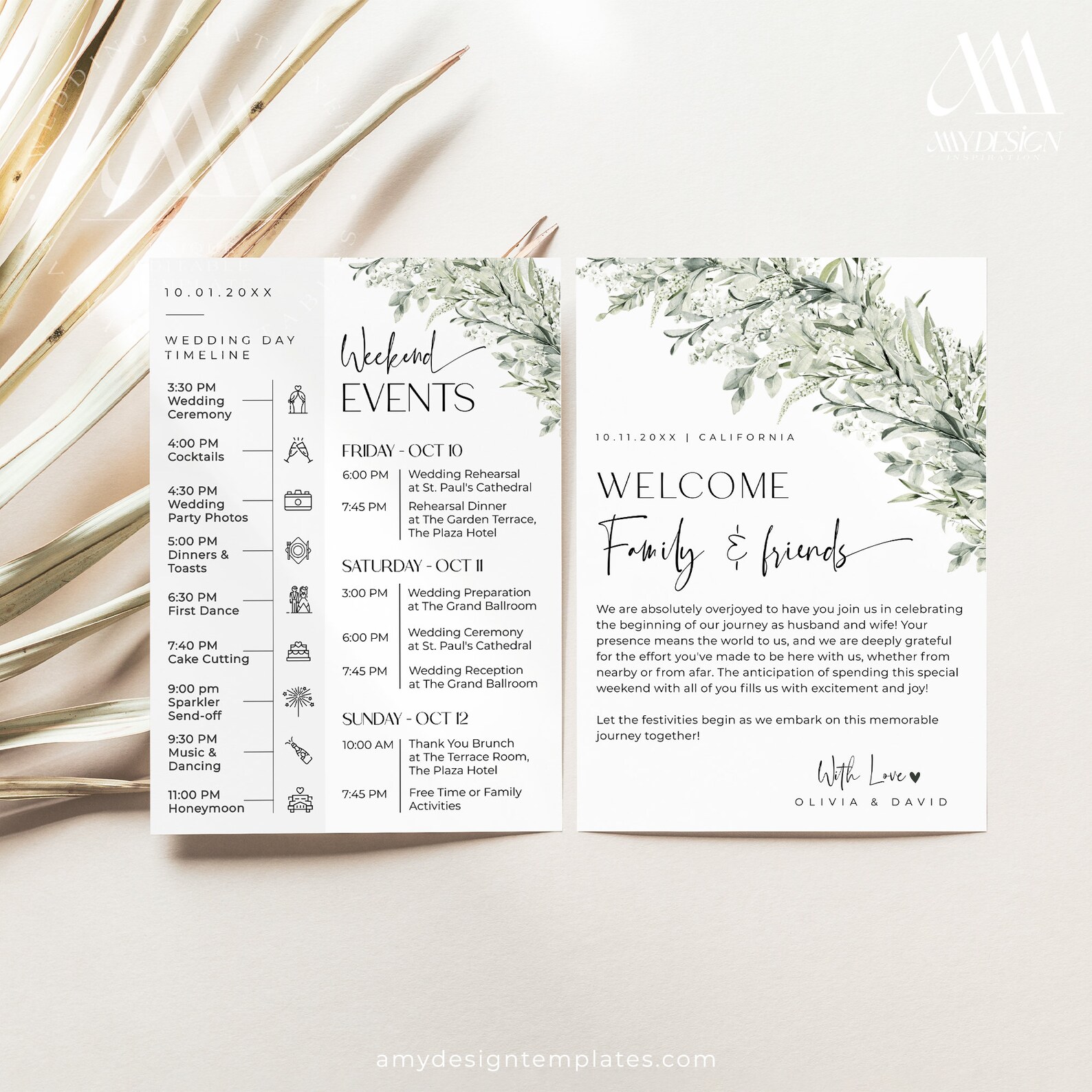 Modern Greenery Wedding Itinerary Template: Wedding Schedule Timeline ...