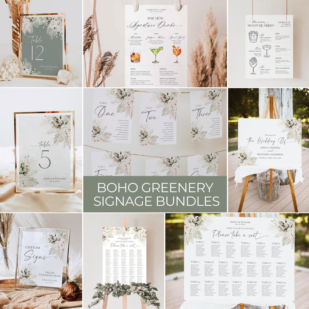 Boho Sage Green Wedding Bundle, Greenery Wedding Signs Template Bundle ...