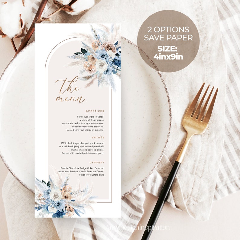 Blue Menu Card Template Editable Boho Wedding Menu Template - Etsy