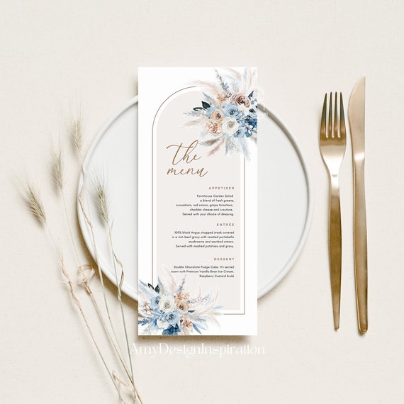 Blue Menu Card Template Editable Boho Wedding Menu Template - Etsy