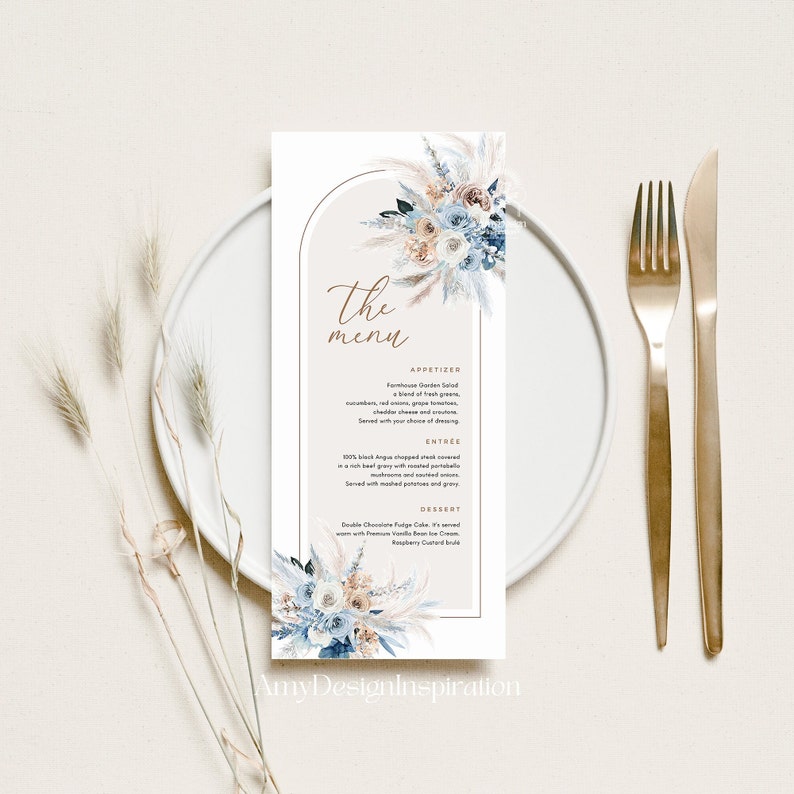 Blue Menu Card Template Editable Boho Wedding Menu Template - Etsy
