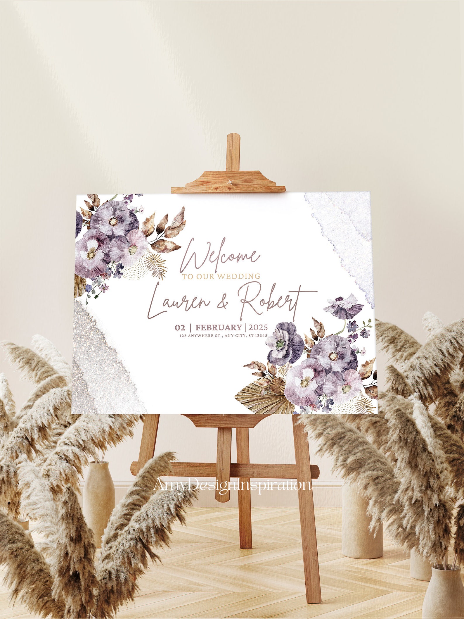 Purple Flowers Wedding Welcome Sign Printable Violet Welcome - Etsy