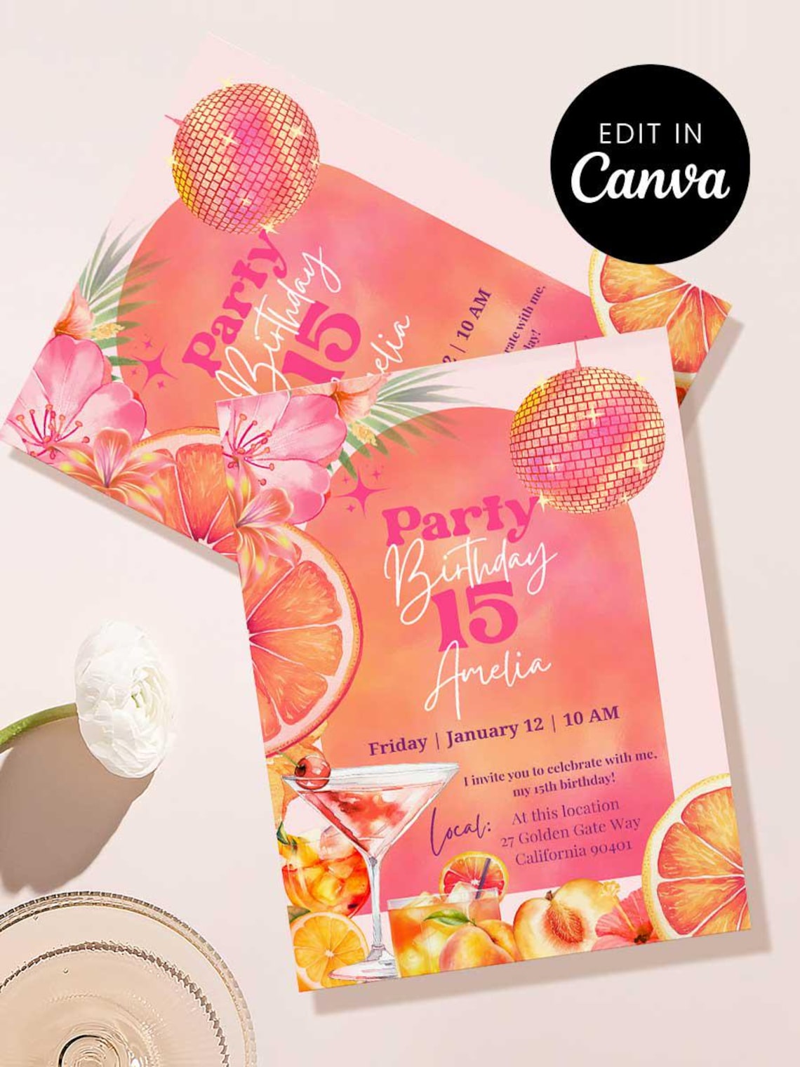 Tropical Disco Birthday Invitation Canva, Hibiscus Flowers Summer ...