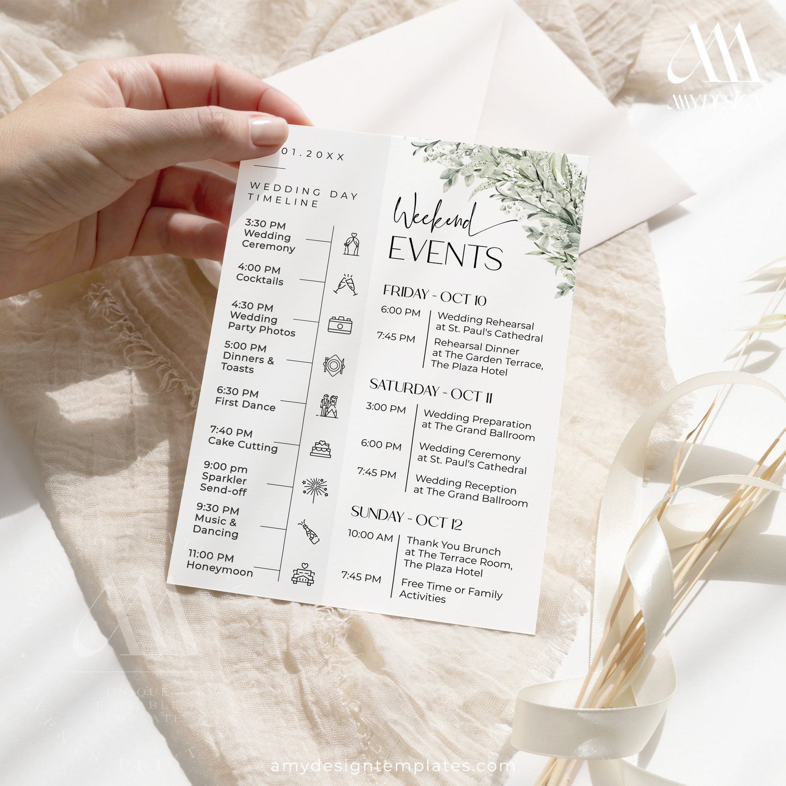 Modern Greenery Wedding Itinerary Template: Wedding Schedule Timeline ...