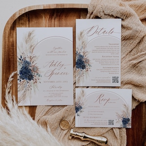 Navy Blue Wedding Invitation Template Boho Wedding Invitation Suite Navy Blue Wedding Invite Set ...