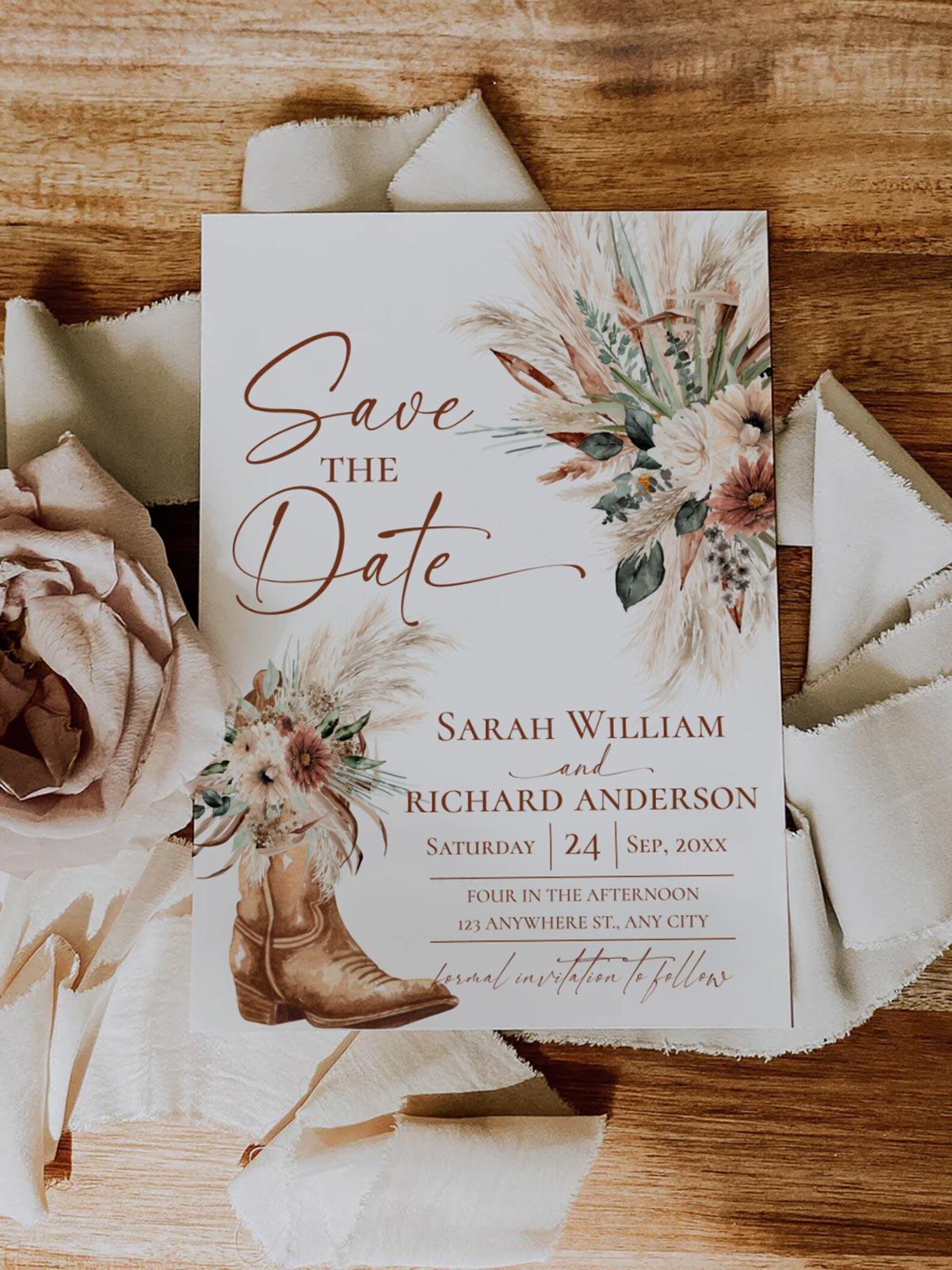 Western Cowboy Boot Boho Save the Date Card Template | Rustic ...
