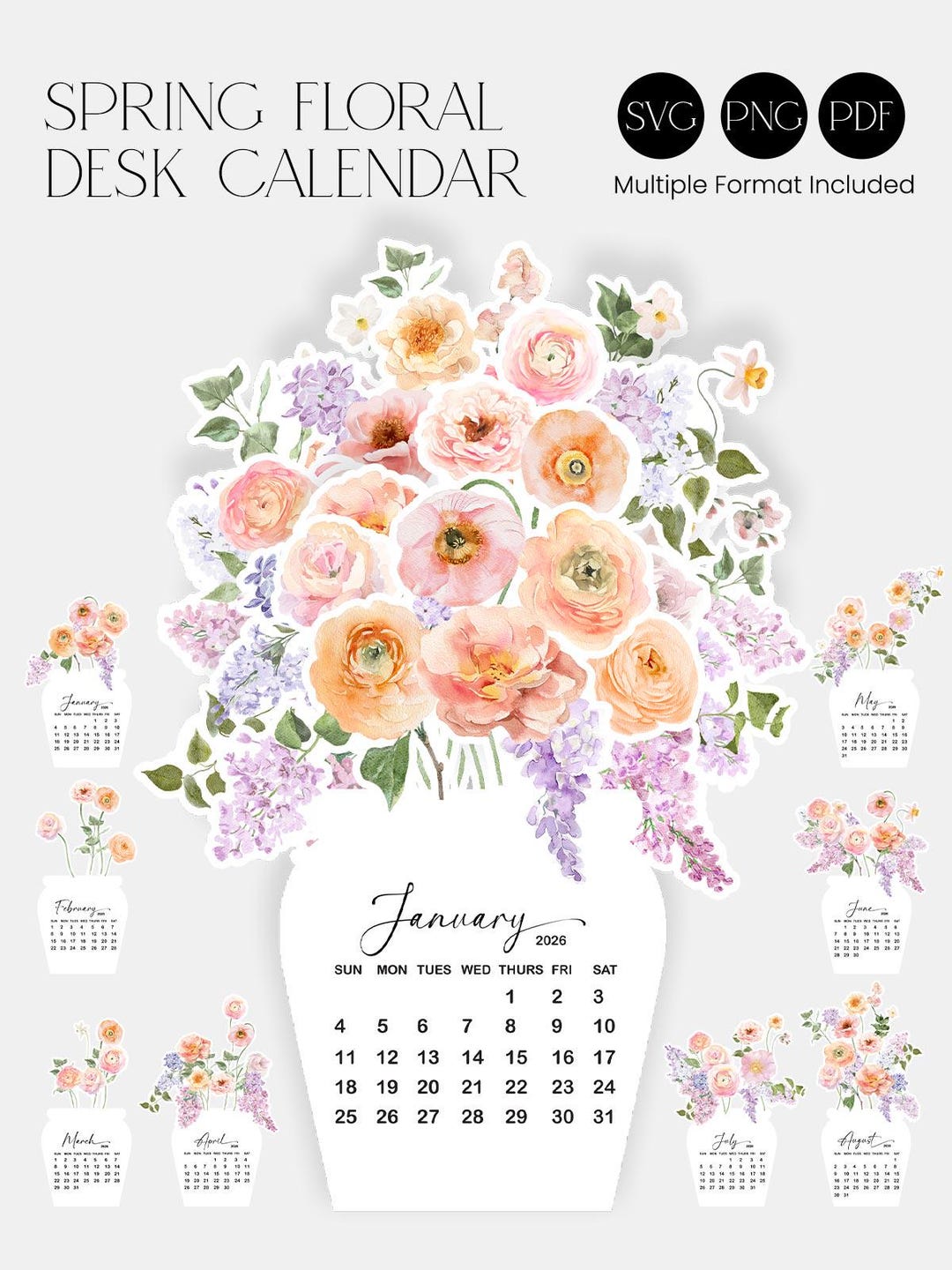 Spring Floral Desk Calendar 2026 Printable | Monthly Calendar Cutting ...