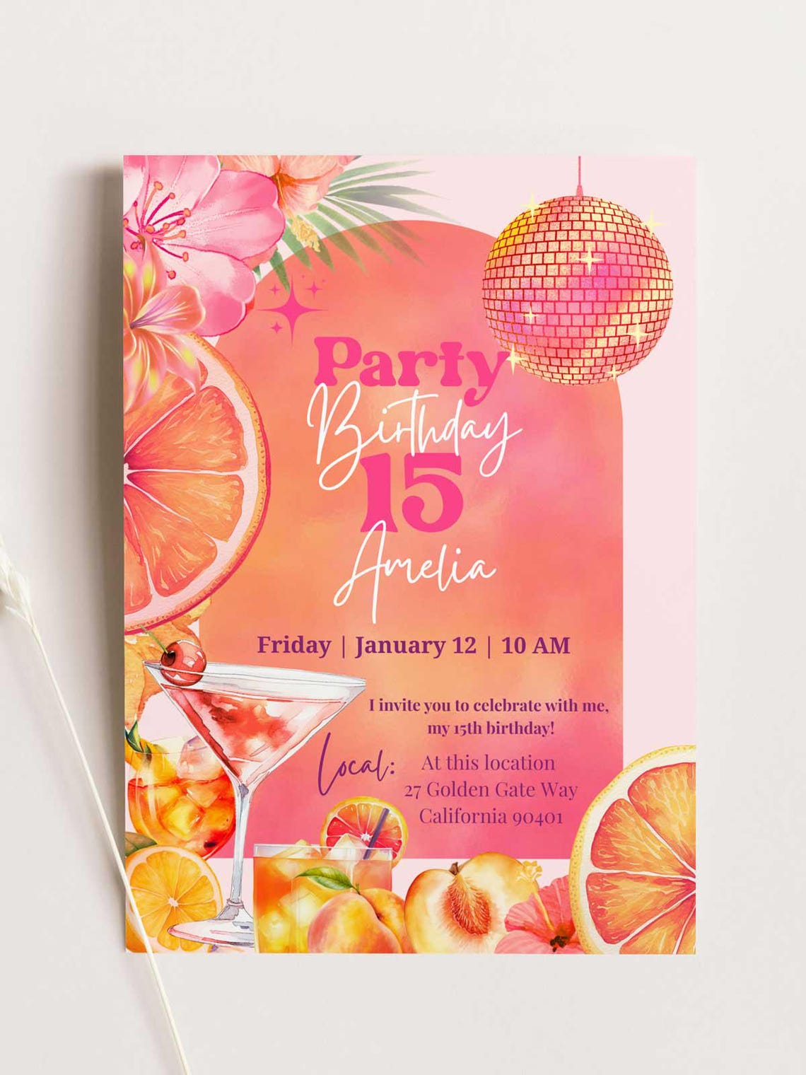 Tropical Disco Birthday Invitation Canva, Hibiscus Flowers Summer ...