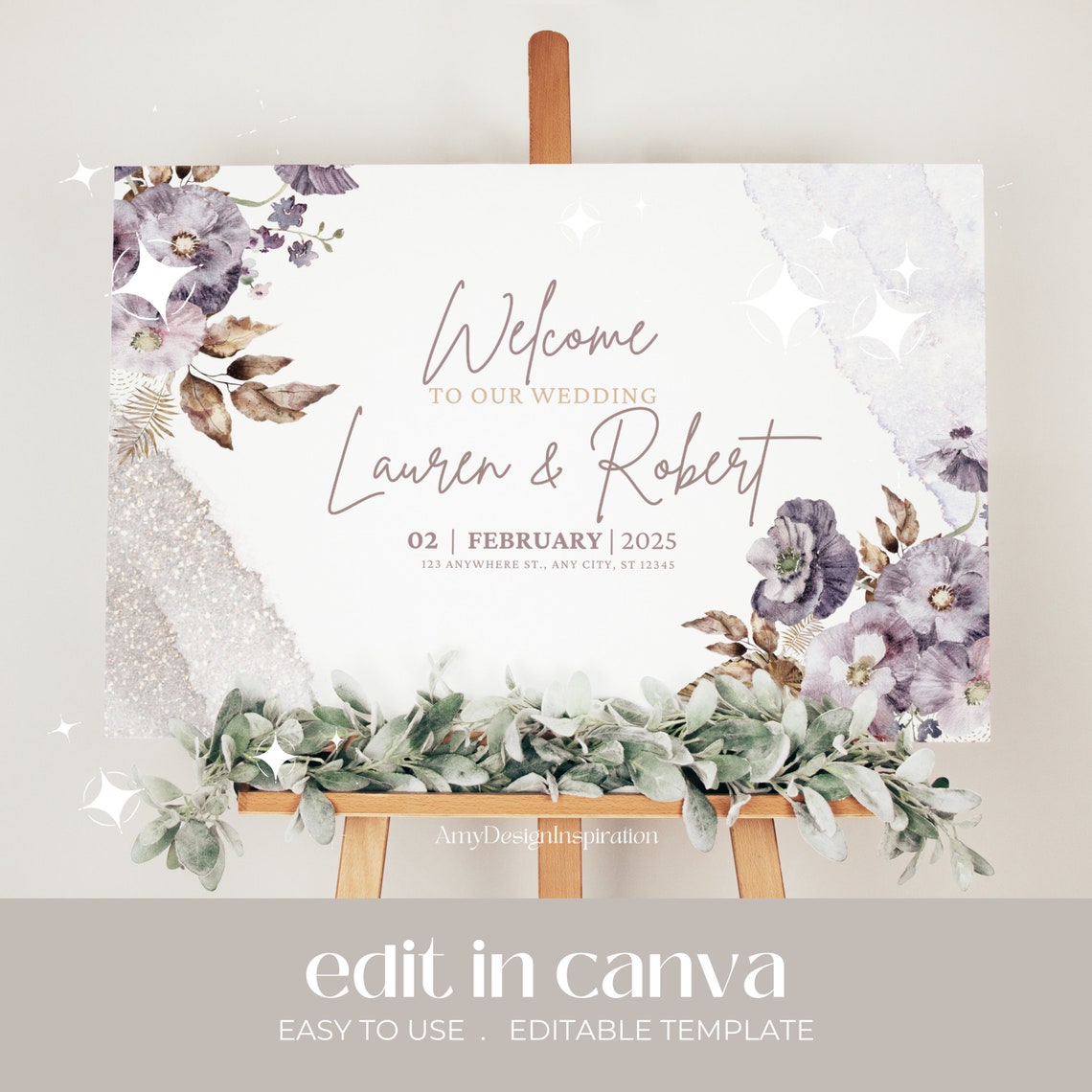 Purple Flowers Wedding Welcome Sign Printable Violet Welcome - Etsy