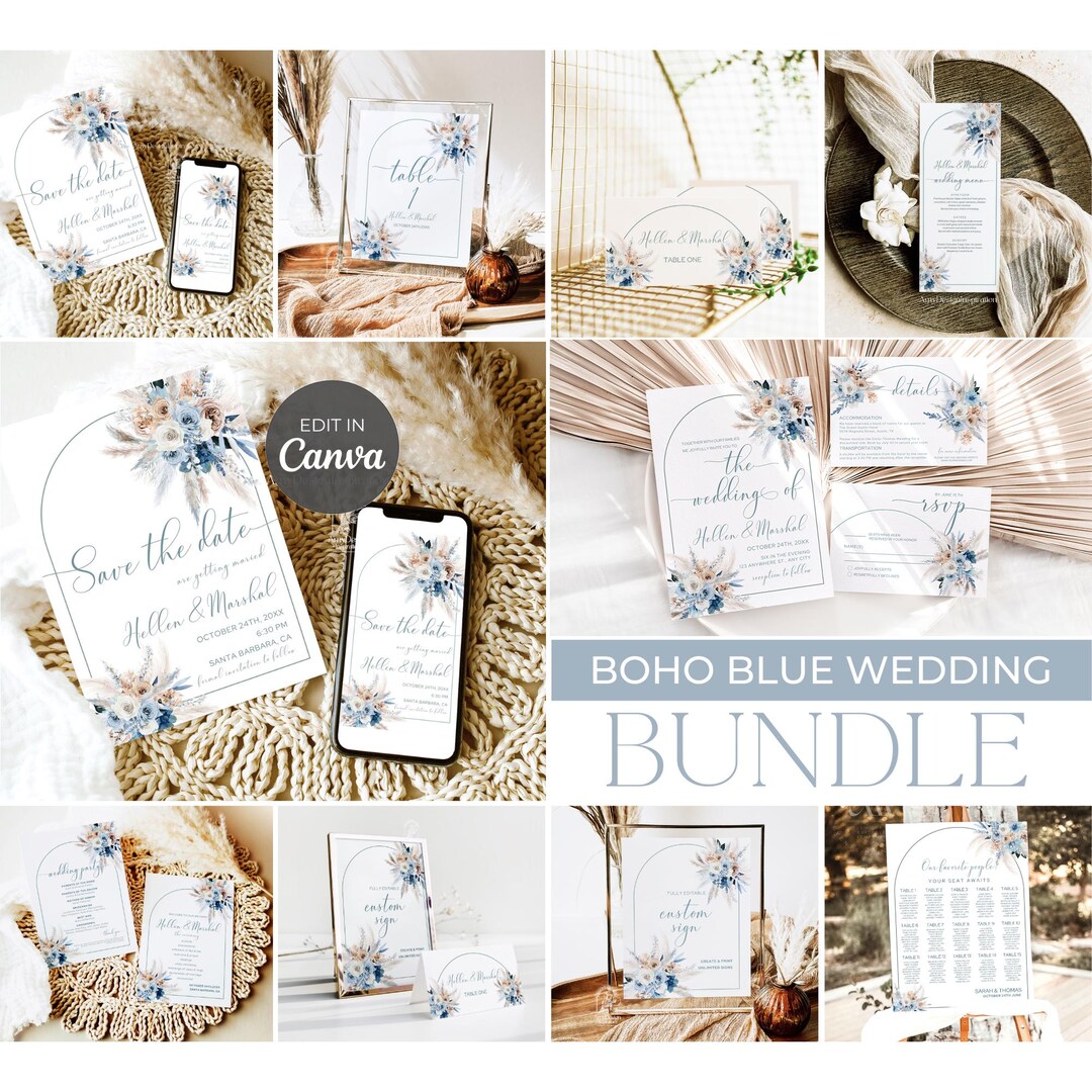 Boho Wedding Bundle Canva Template, Dusty Blue Wedding Bundle Template ...