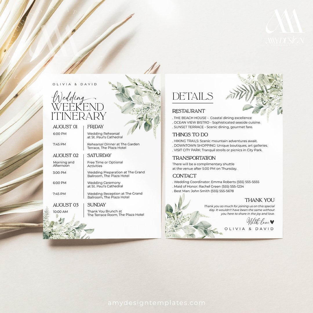 Minimalist Wedding Weekend Itinerary Template, Greenery Wedding Welcome ...