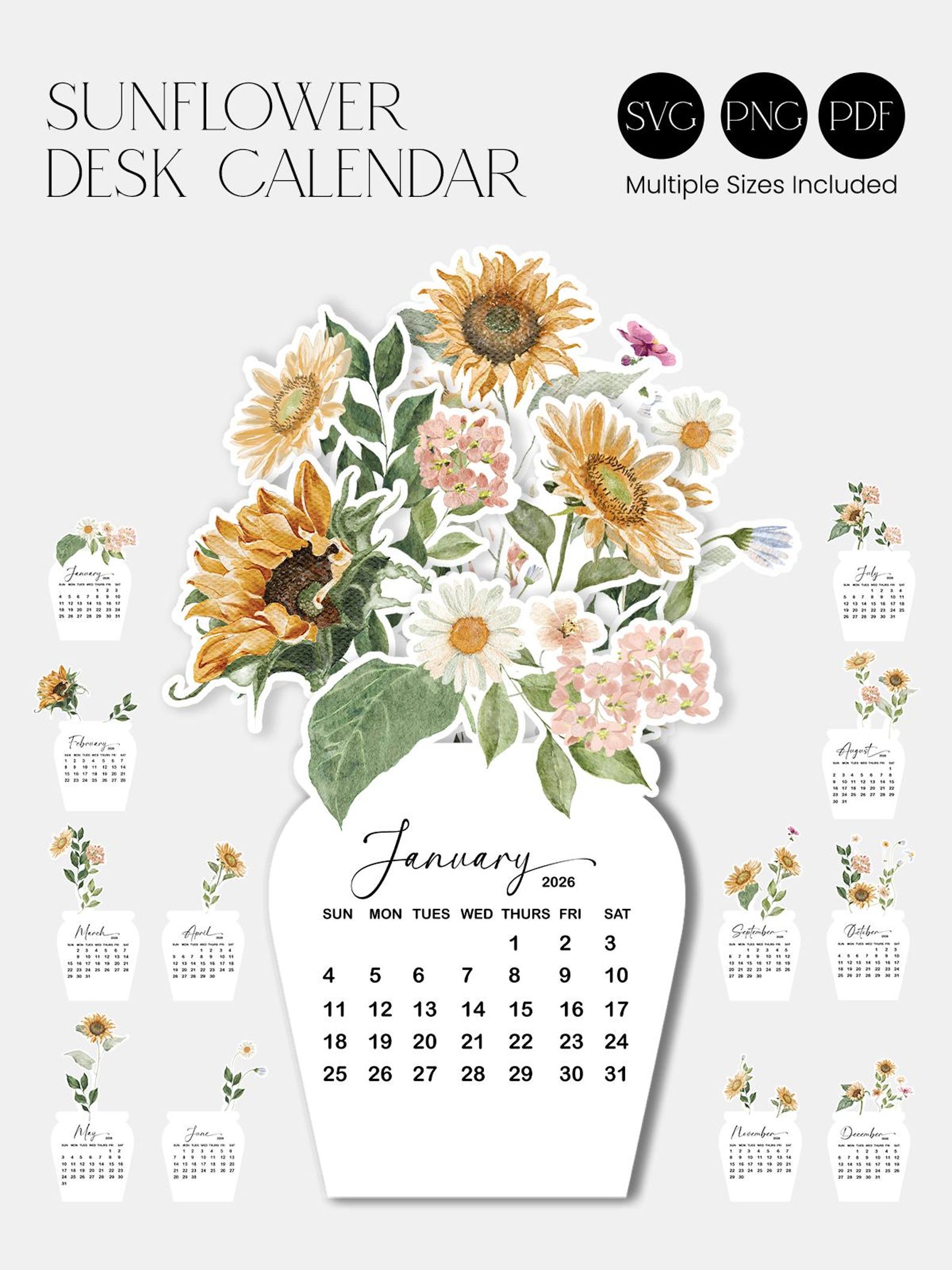 Sunflower Calendar Printable 2026 | Floral Desk Calendar Template | PNG ...