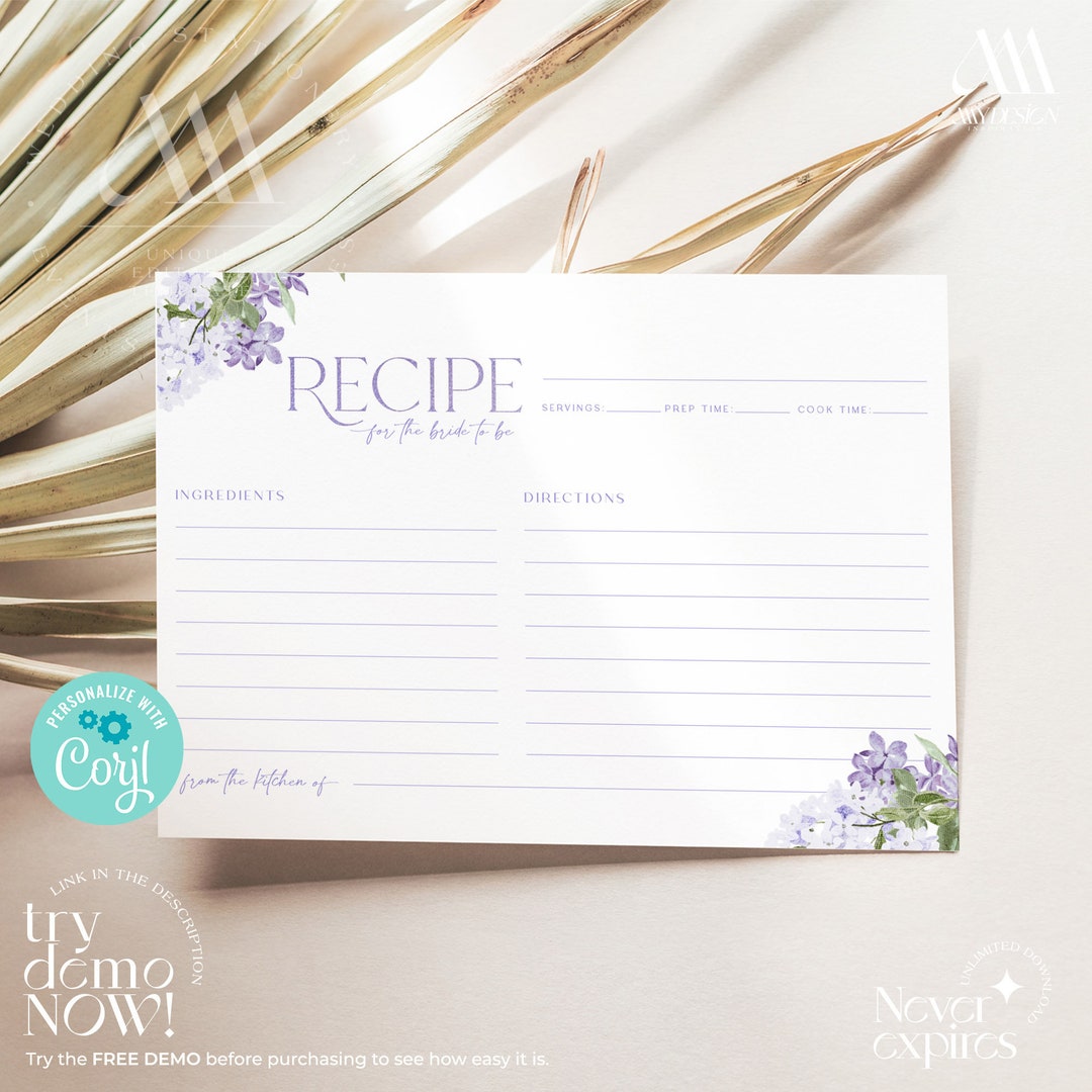 Lilac Floral Recipe Card Template, Purple Recipe Card Template, Floral ...