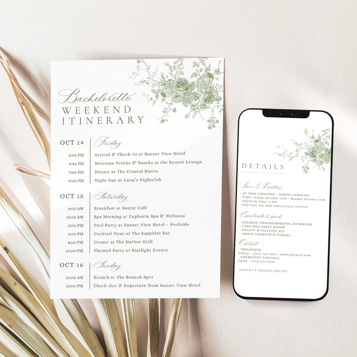 Greenery Bachelorette Itinerary Template: Weekend Schedule (digital ...