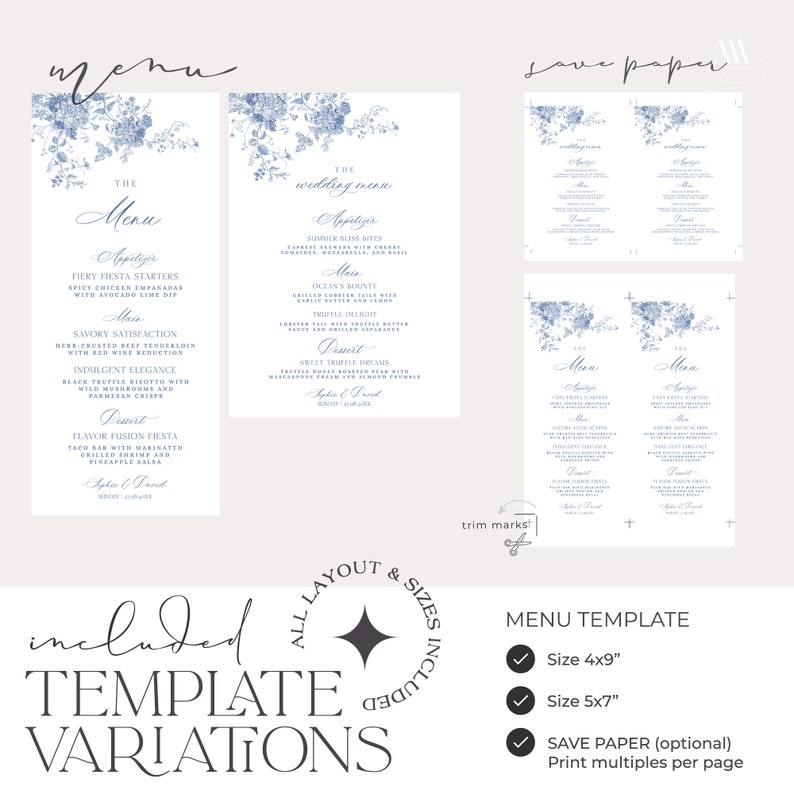 Something Blue Wedding Menu Template: Vintage Floral Printable (digital ...