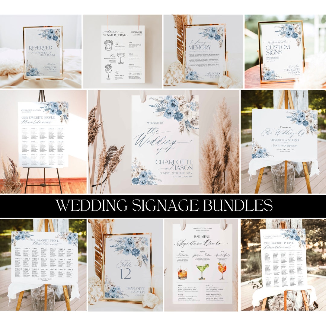 Boho Wedding Sign Bundle, Blue Bohemian Wedding Signs Template Bundle ...