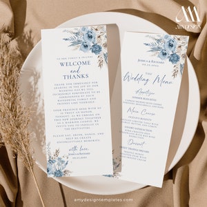 Blue Menu Template, Editable Dusty Blue Wedding Menu Place Card, Desert ...