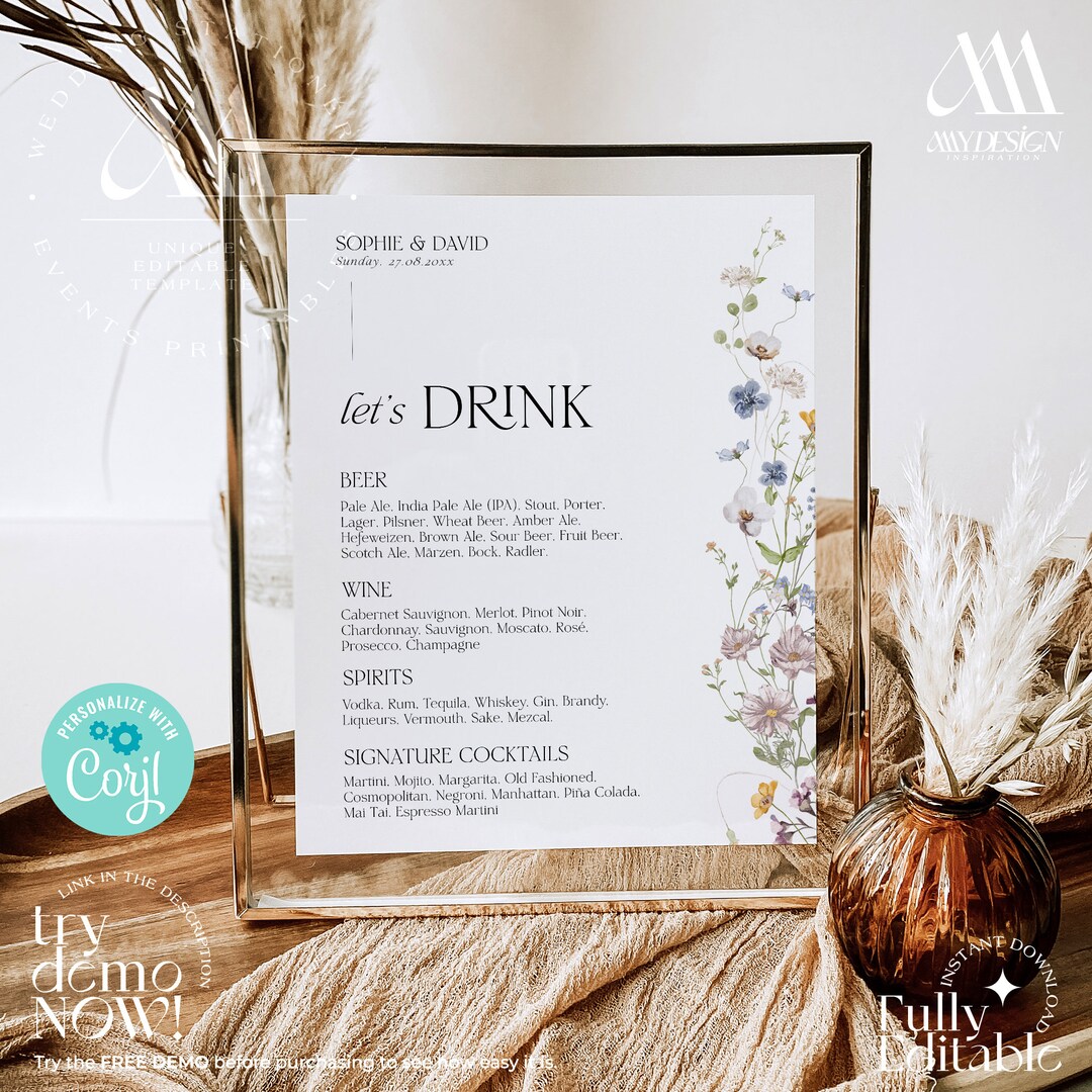 Wildflower Wedding Drink Menu Template, Wildflower Bar Sign Template ...