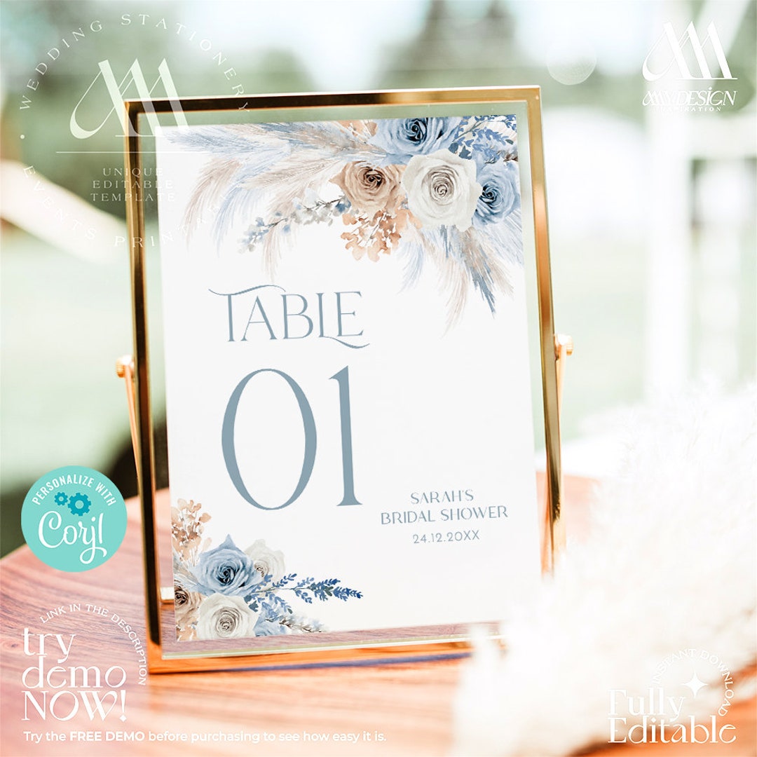 Dusty Blue Boho Floral Table Numbers - Printable Table Card Template ...