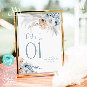 Dusty Blue Boho Floral Table Numbers - Printable Table Card Template ...
