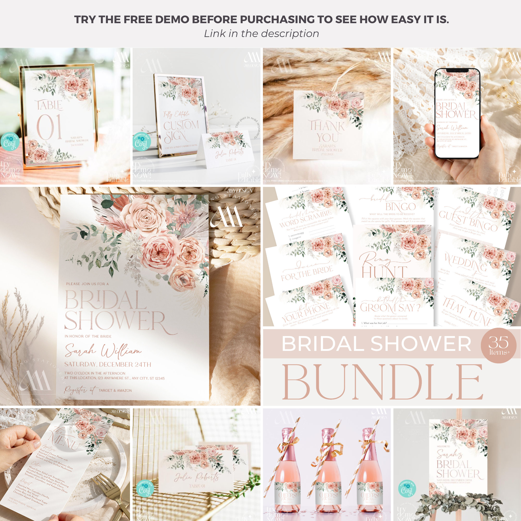 Dusty Pink Roses Bridal Shower Bundle: Boho Floral (digital Download ...