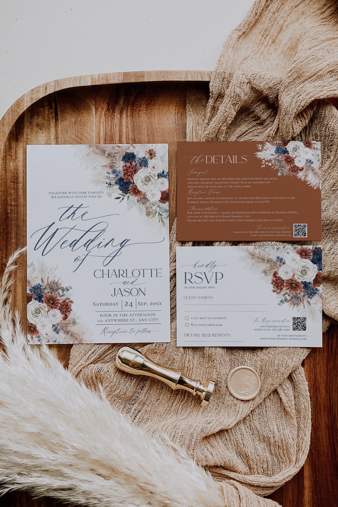 Navy Blue Rust Wedding Invitation Template Boho Terracotta Wedding ...