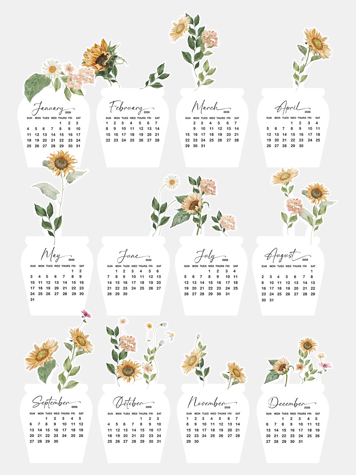 Sunflower Calendar Printable 2026 | Floral Desk Calendar Template | PNG ...
