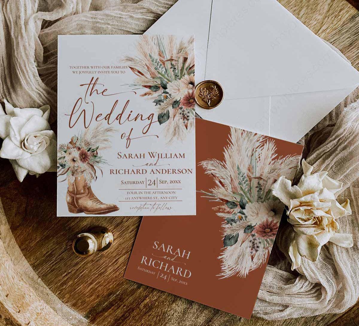 Rustic Western Wedding Invitation Template | Terracotta Fall Wedding ...