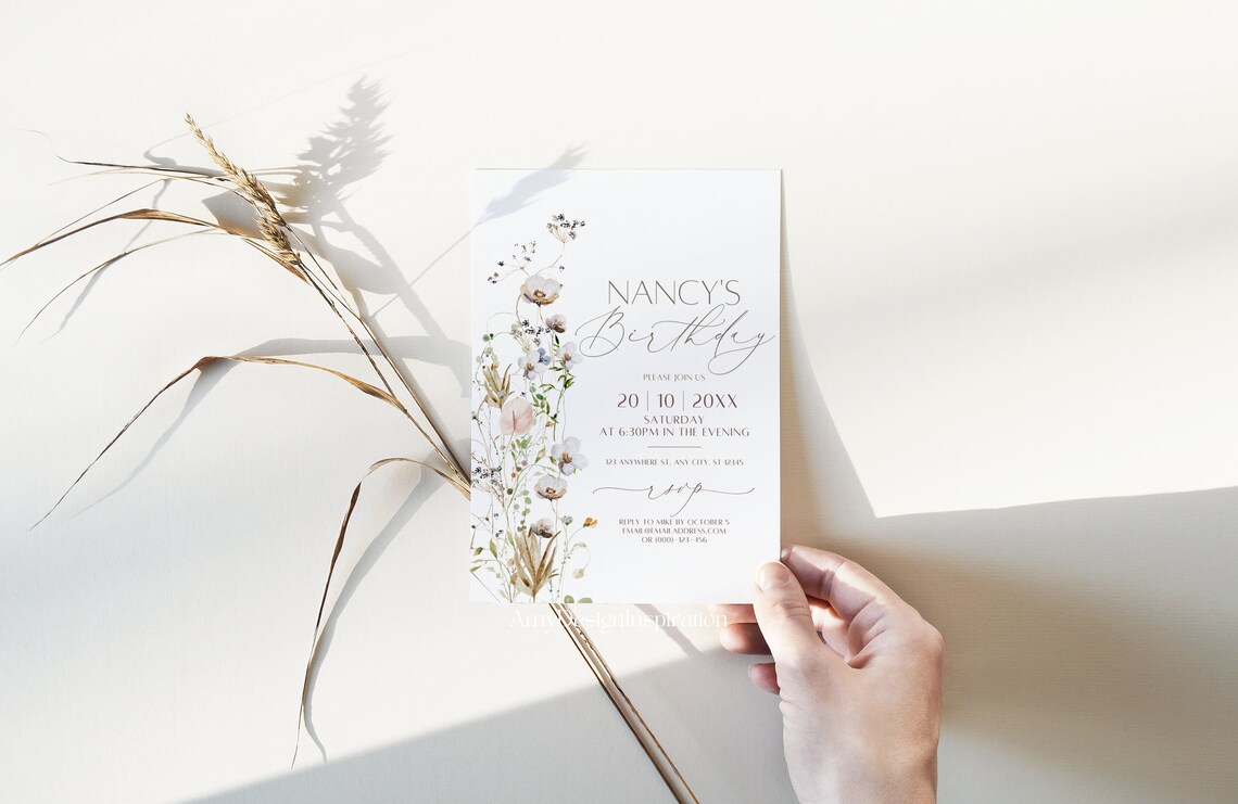 Wildflower Birthday Invitation Template Girl Birthday Party - Etsy