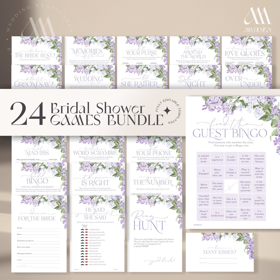 24 Bridal Shower Games Bundle, Printable Purple Bridal Party Games ...