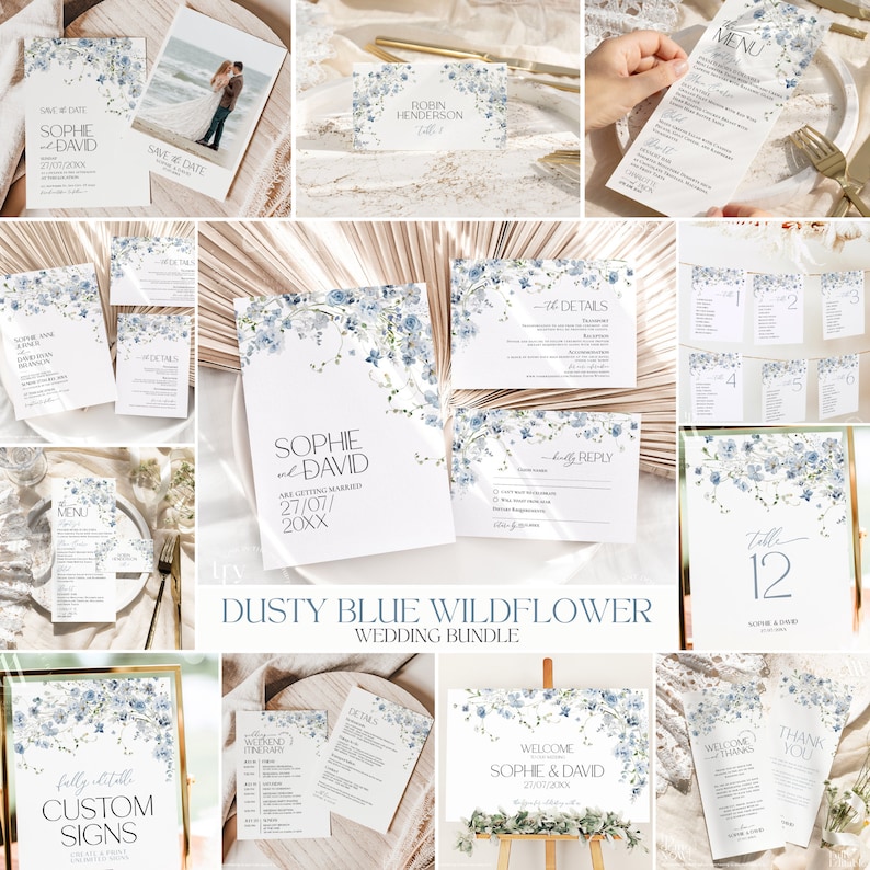 Blue Wildflower Wedding Invitation Template Bundle (editable) D005 - Etsy