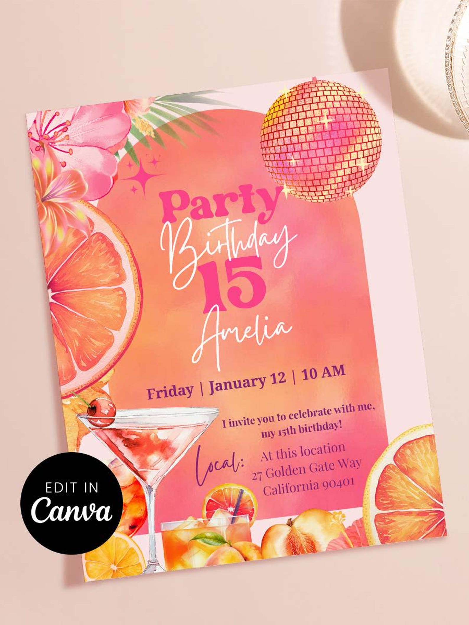 Tropical Disco Birthday Invitation Canva, Hibiscus Flowers Summer ...