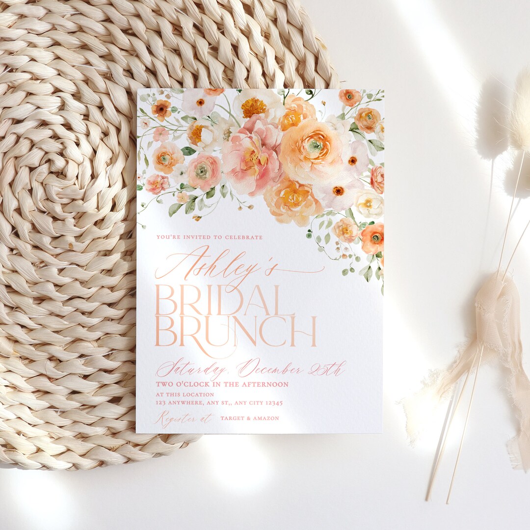 Peachy Bridal Brunch Invitation Editable Template, Floral Garden Bridal ...
