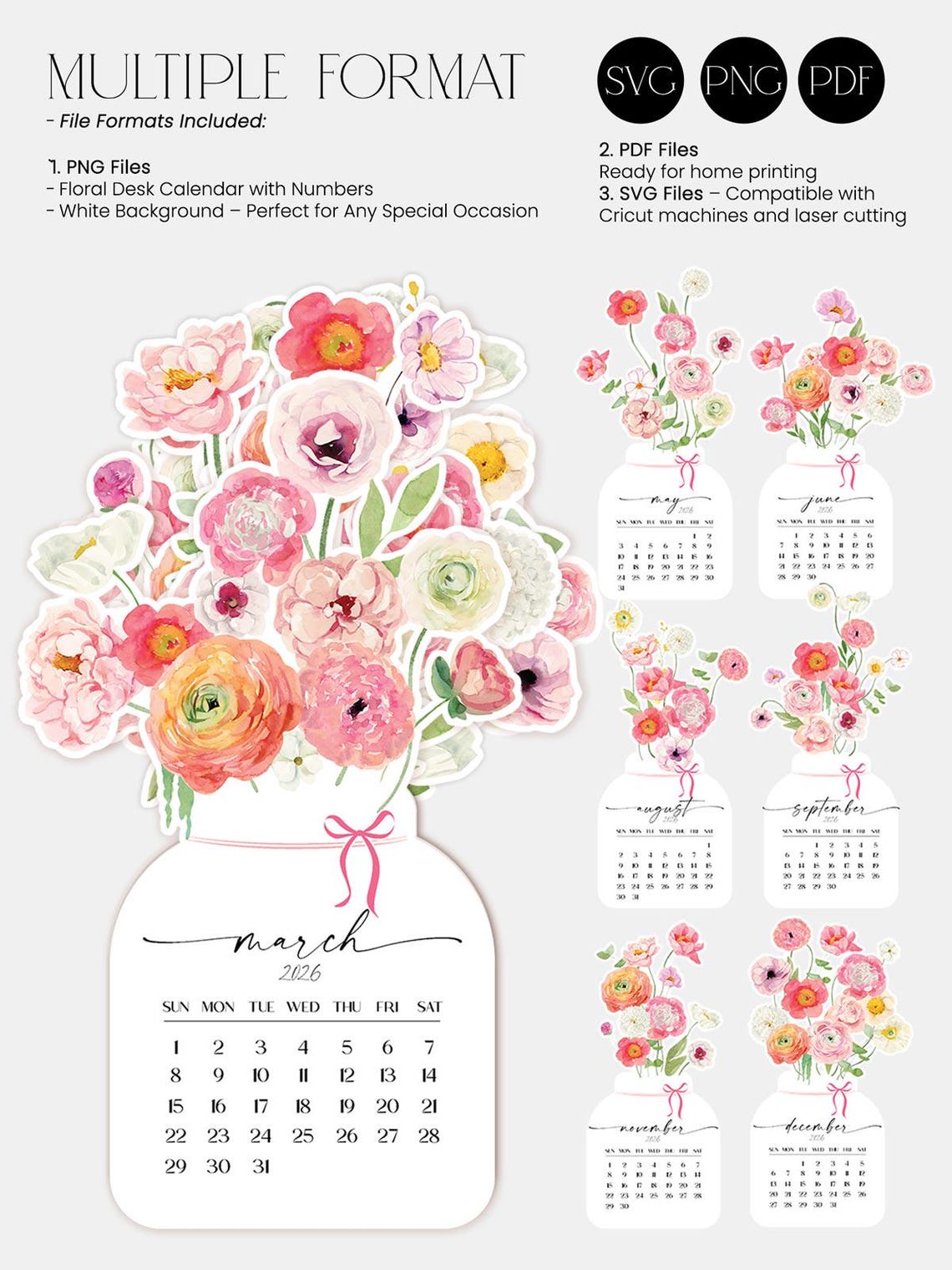 Bloom Flowers Pot 2026 Desk Calendar | Watercolor Printable Monthly ...