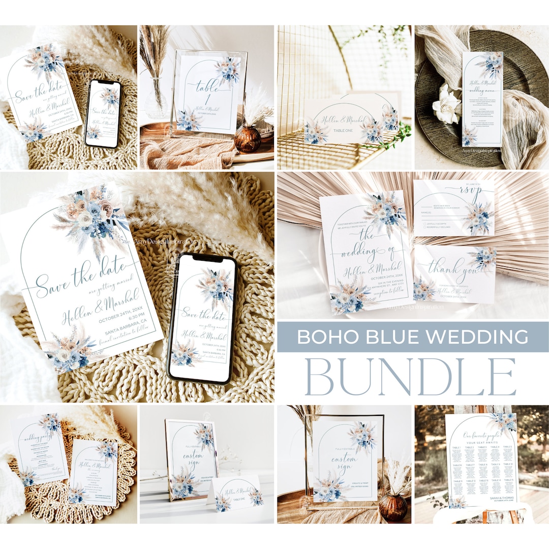 Boho Wedding Bundle Template, Dusty Blue Wedding Bundle Template ...