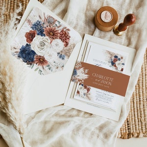 Navy Blue Rust Wedding Invitation Template Boho Terracotta Wedding ...