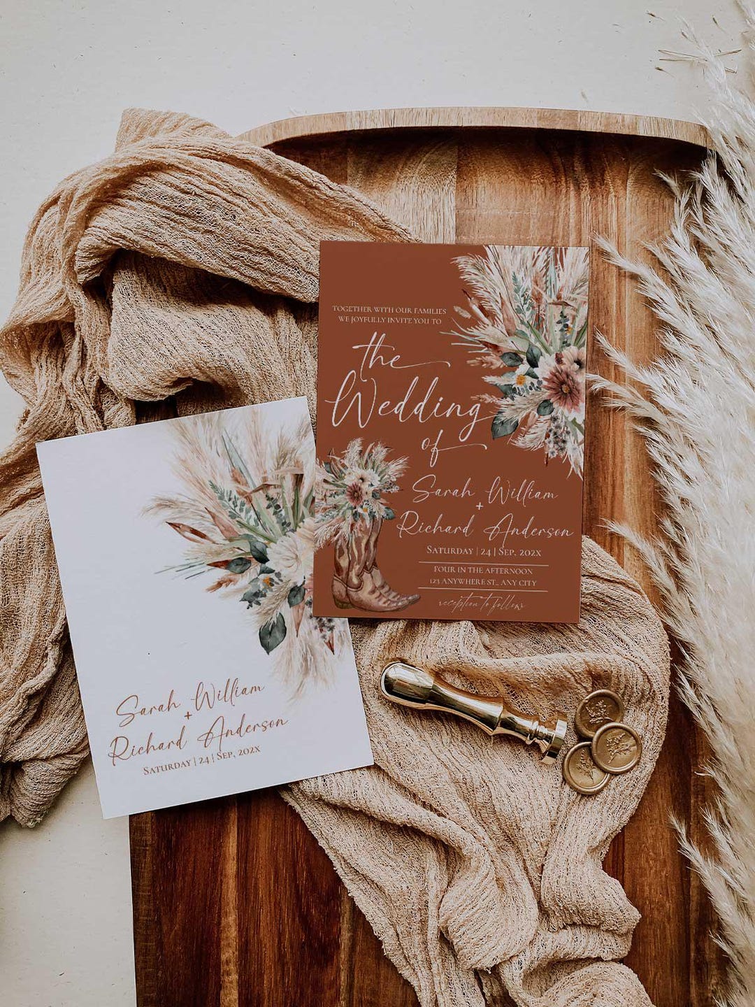 Boho Rust Cowboy Boot Wedding Invitation Template, Southwestern ...