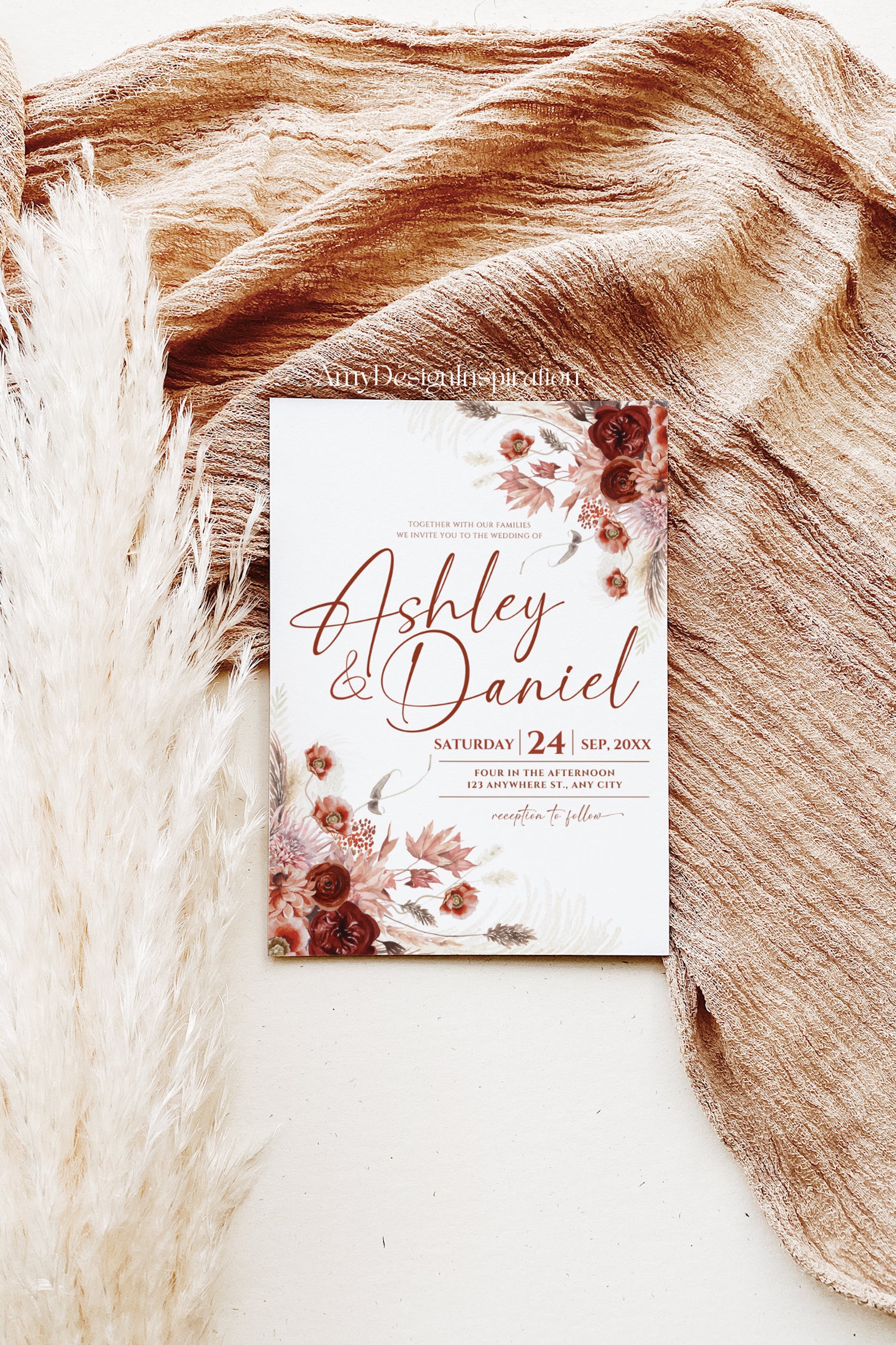 Boho Terracotta Wedding Invitation Template: Pampas Grass Canva ...