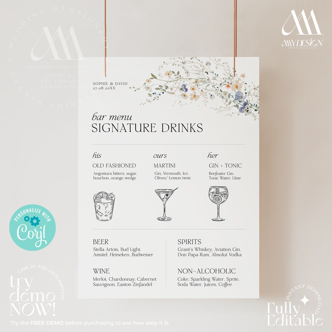 Minimalist Signature Drink Sign Template, Modern Bar Menu Template ...