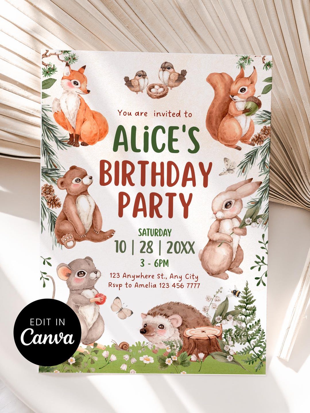 All Woodland Friends Birthday Invitation Canva Template, Digital ...