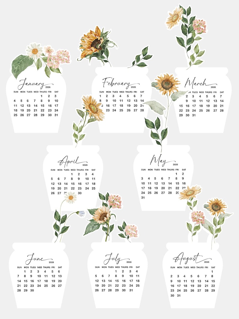 Sunflower Calendar Printable 2026 | Floral Desk Calendar Template | PNG ...