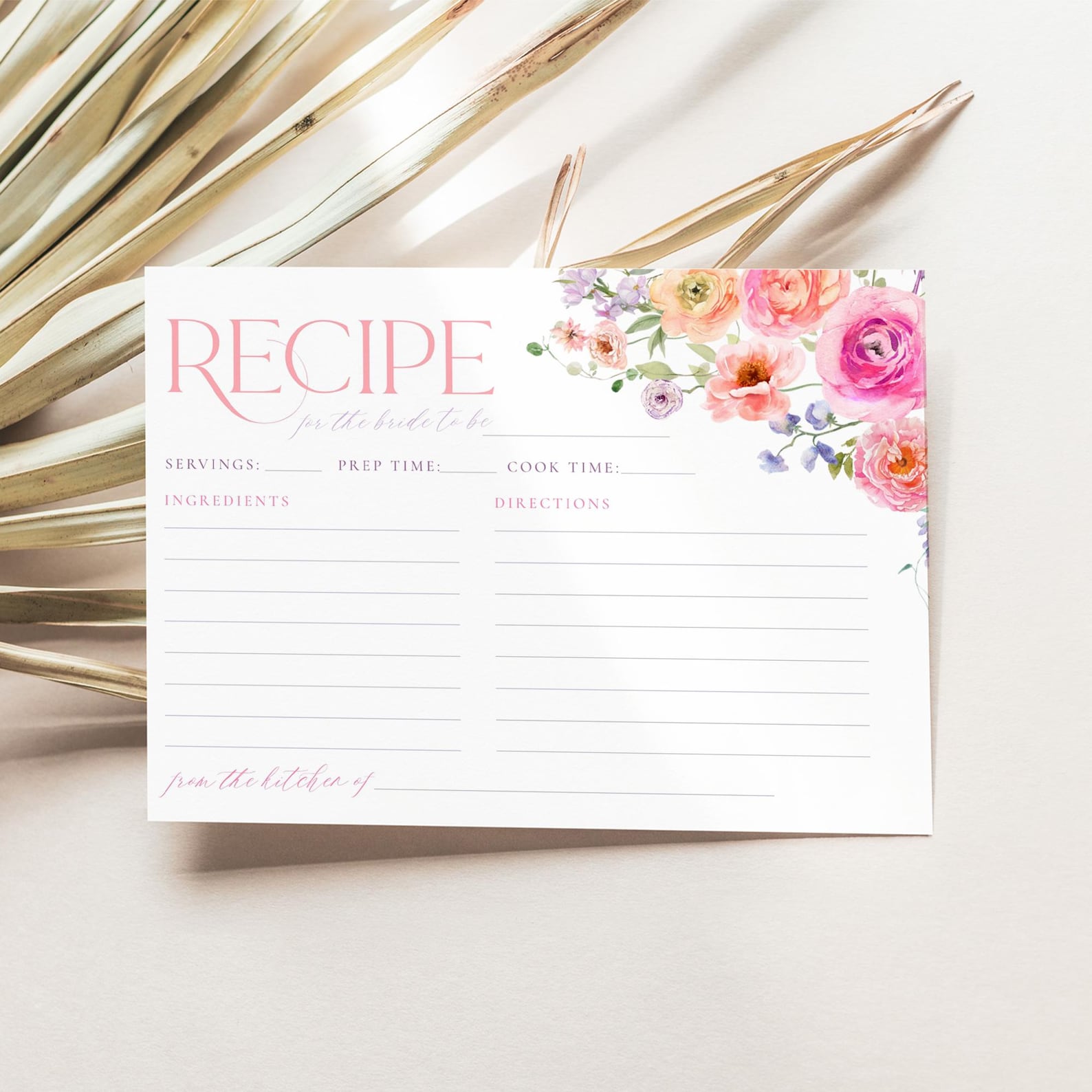 Floral Recipe Card Template: Bridal Shower Kitchen Card (digital ...
