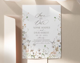Boho Wildflower Save the Date Card Template, Botanical Save the Date ...