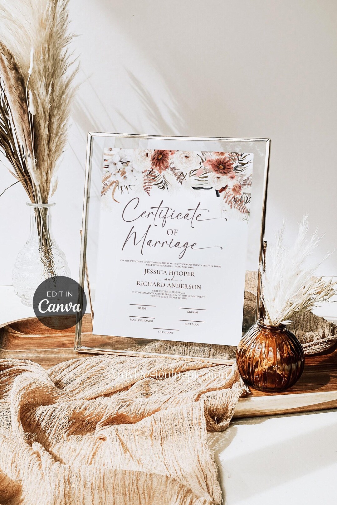 Terracotta Wedding Certificate Template: Boho Pampas Grass (canva ...